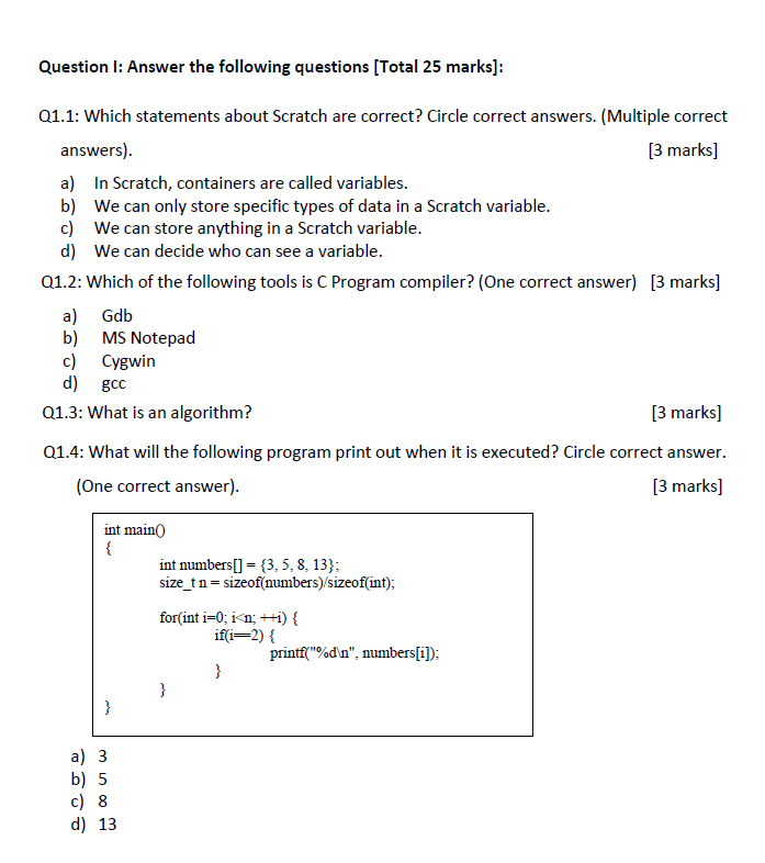 Solved Question I: Answer the following questions [Total 25 | Chegg.com