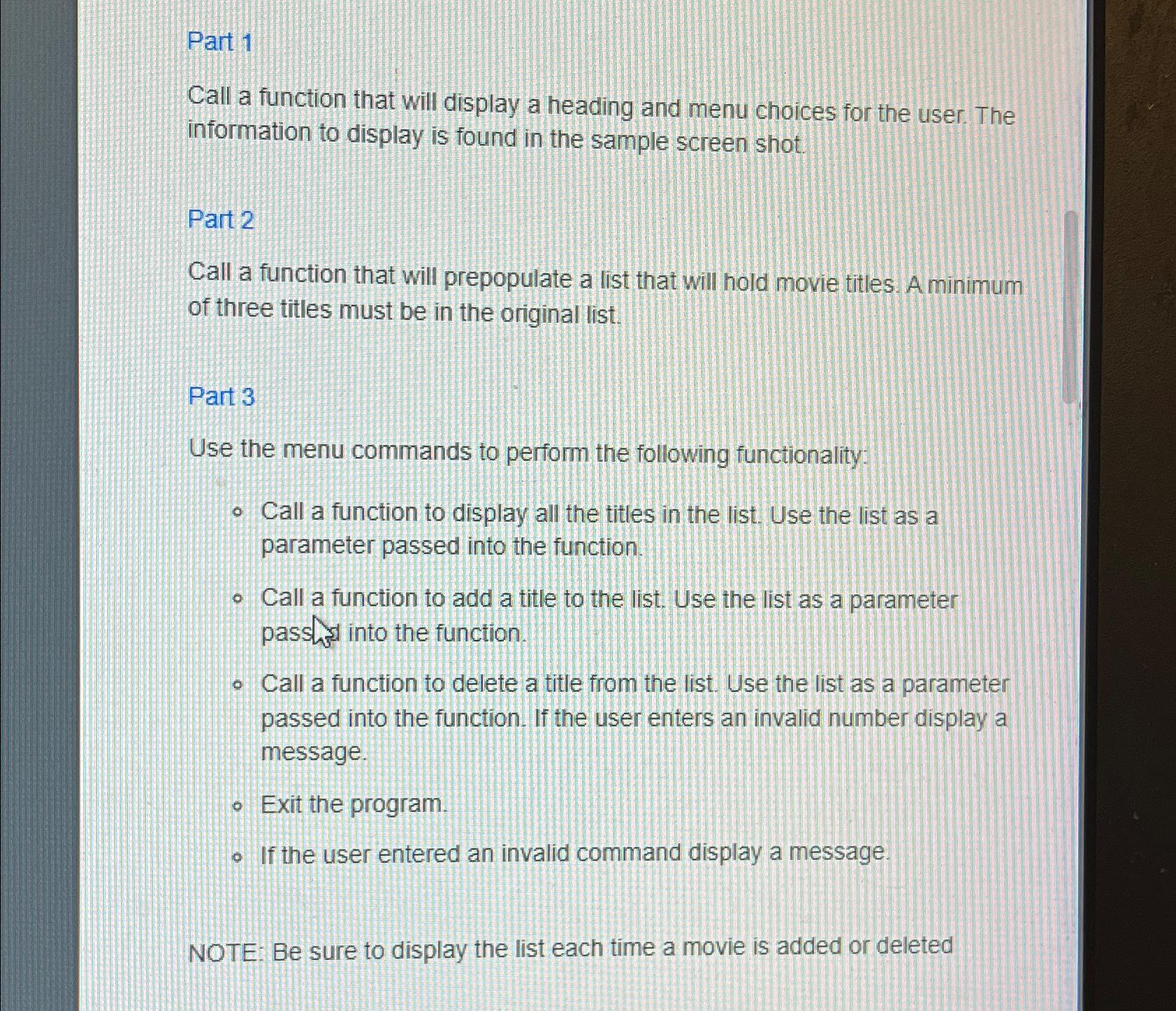 Solved Part 1Call a function that will display a heading and | Chegg.com
