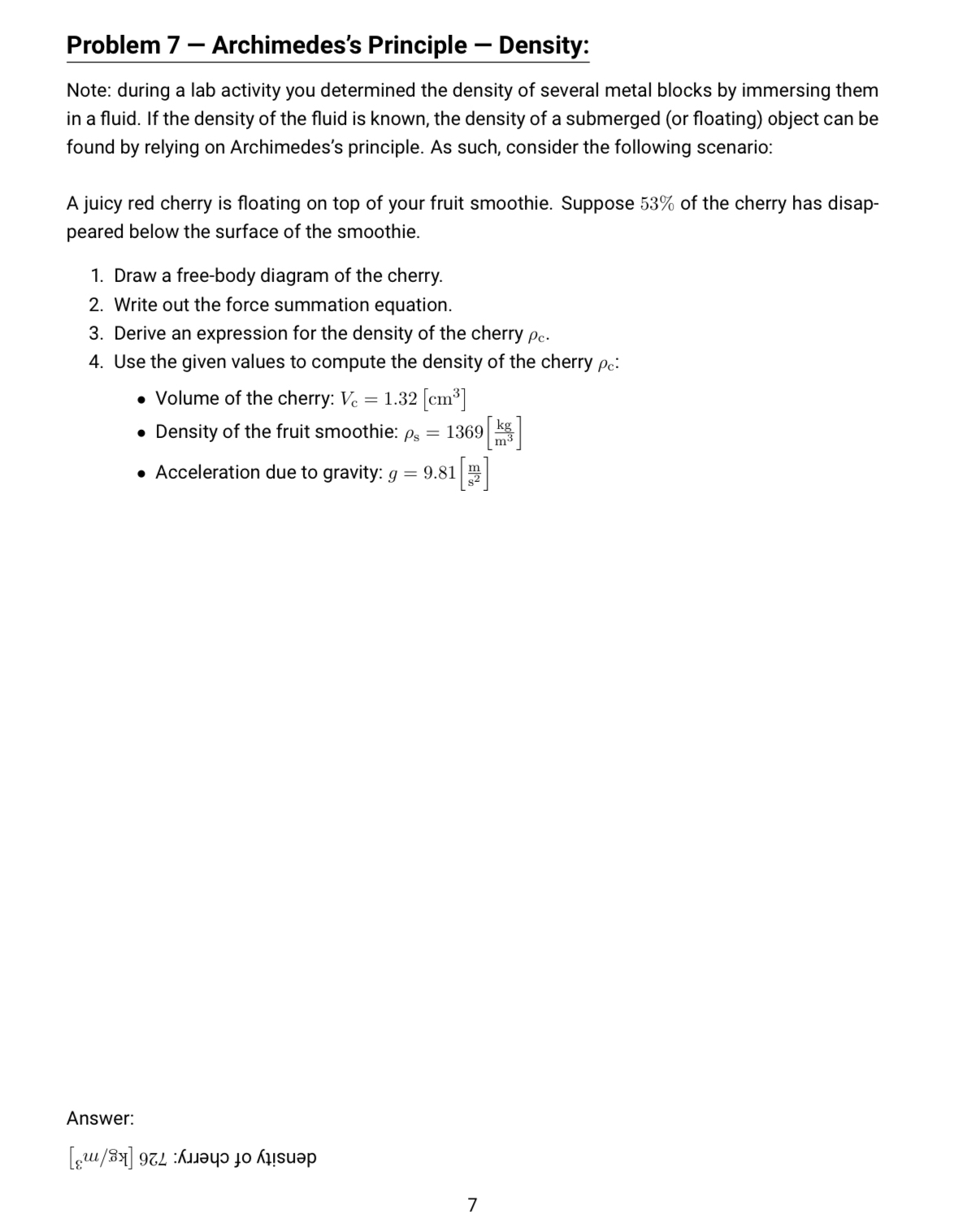 Solved Problem 7 - ﻿Archimedes's Principle - ﻿Density:Note: | Chegg.com