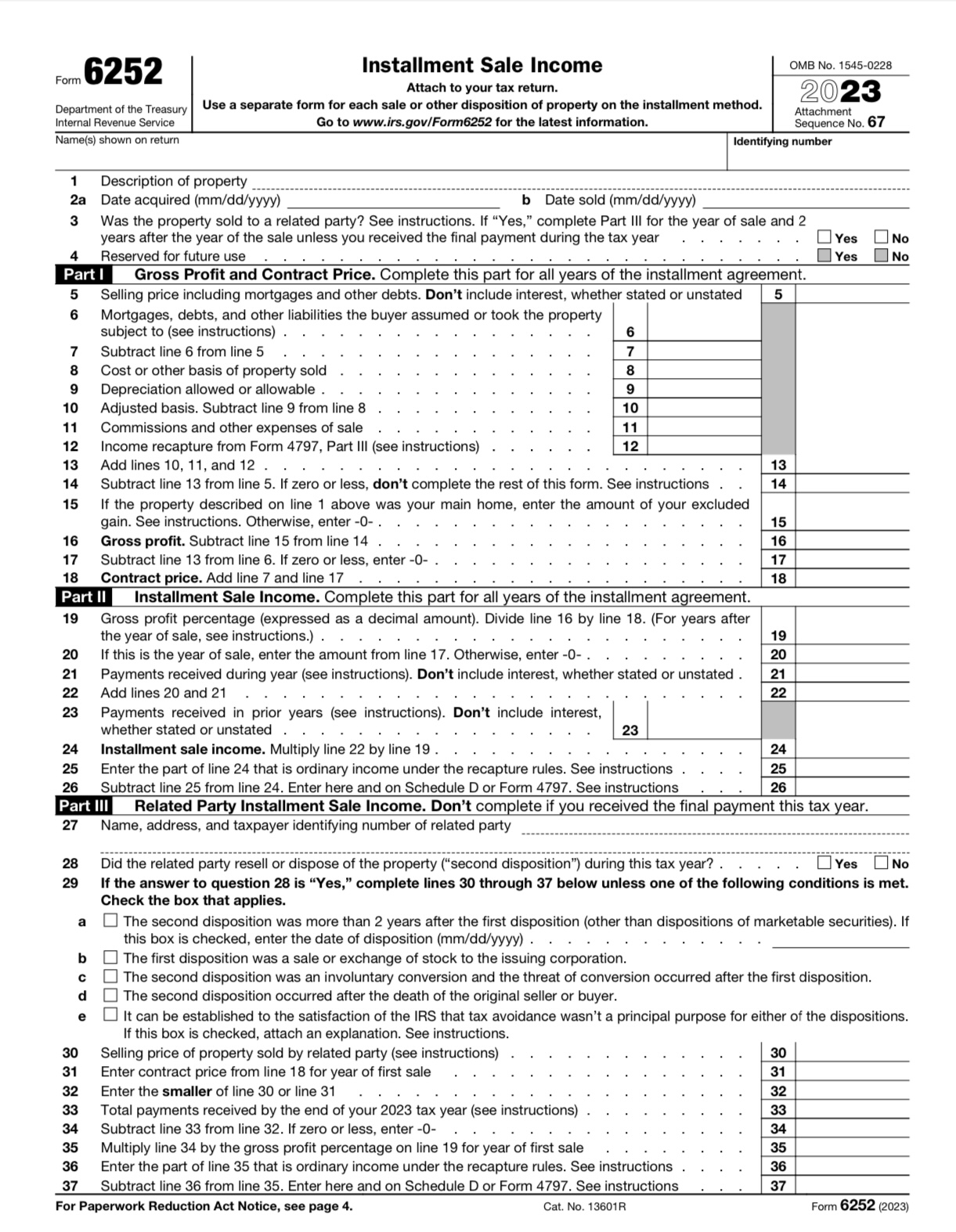 Solved Use the following information to complete Form 6252. | Chegg.com