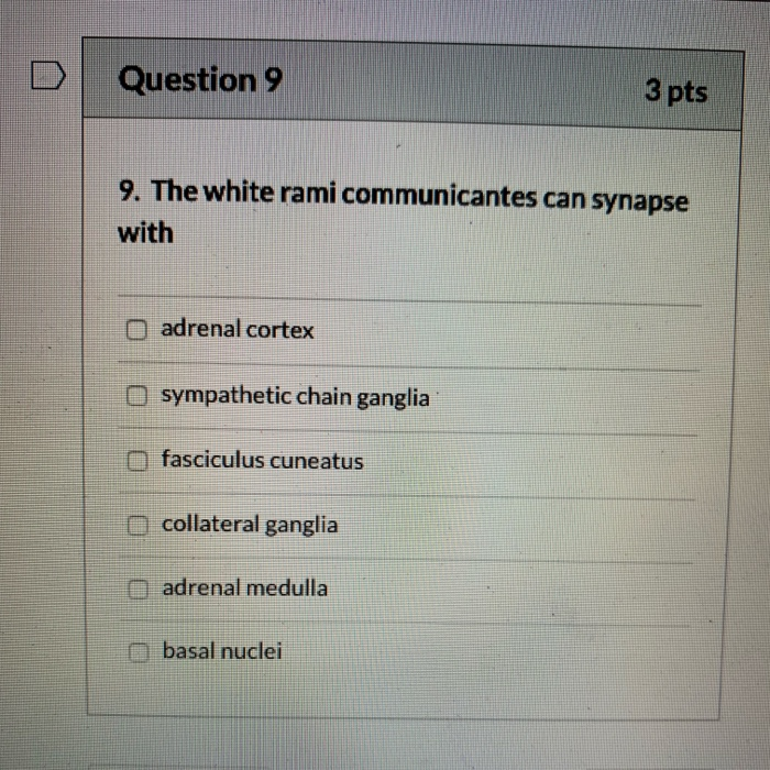 Solved D Question 9 3 pts 9. The white rami communicantes | Chegg.com