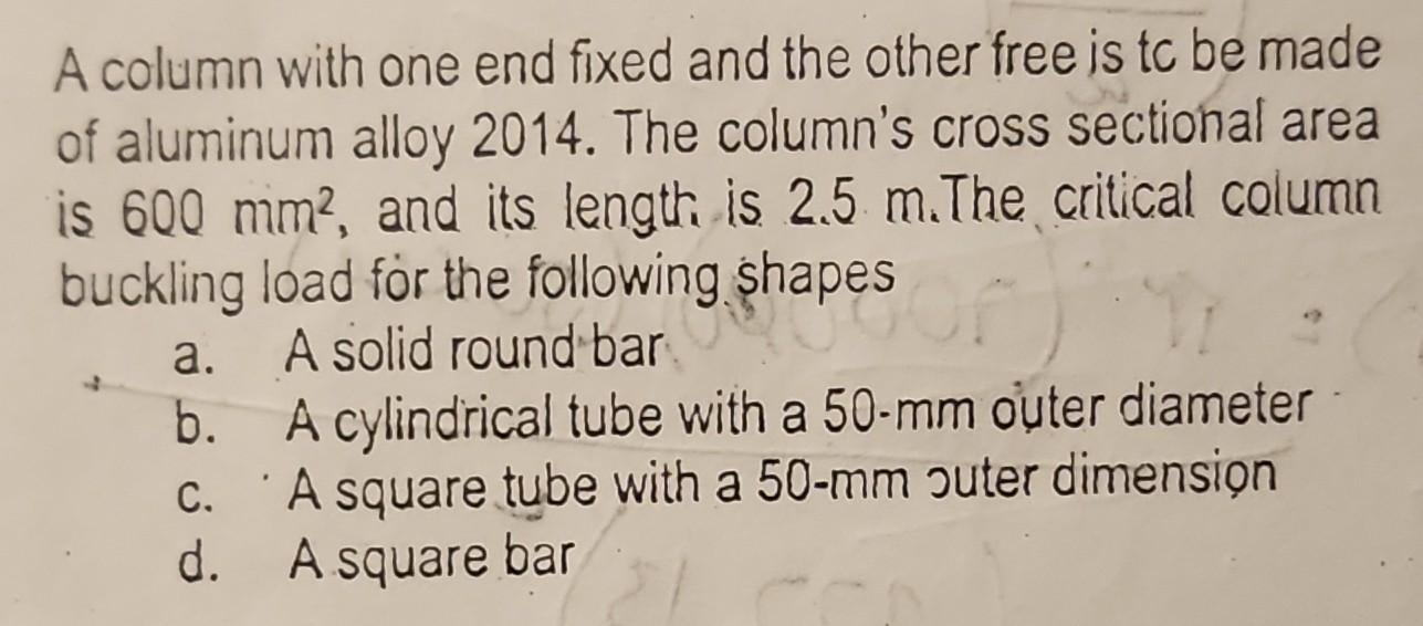 Solved A column with one end fixed and the other free is tc | Chegg.com