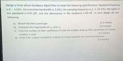 Solved Design a linear phase bandpass digital filter to meet | Chegg.com