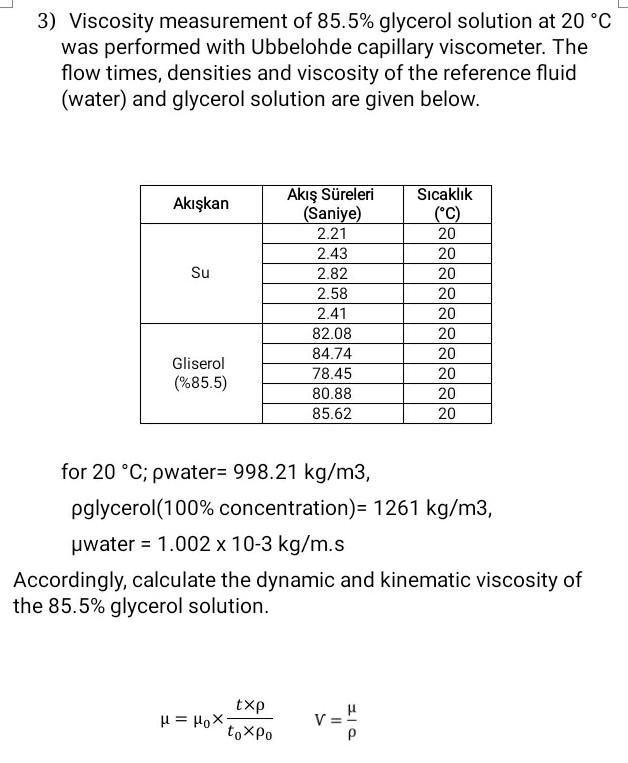 Solved 3) Viscosity measurement of 85.5% glycerol solution | Chegg.com