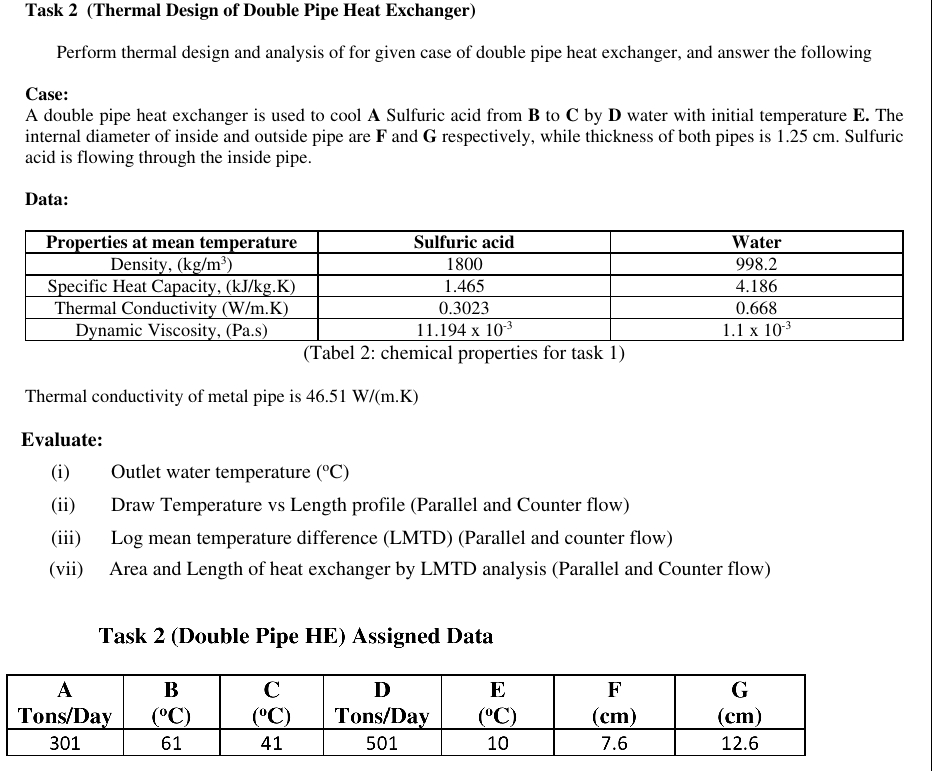 Solved Task 2 (Thermal Design of Double Pipe Heat | Chegg.com