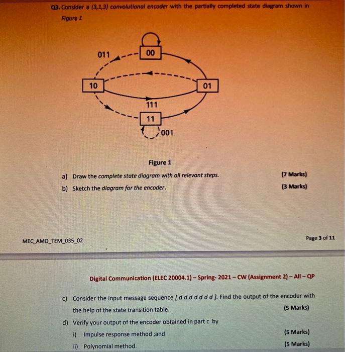 03. Considera (3,1,3) convolutional encoder with the | Chegg.com