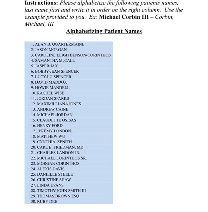 Solved Instructions: Please alphabetize the following | Chegg.com