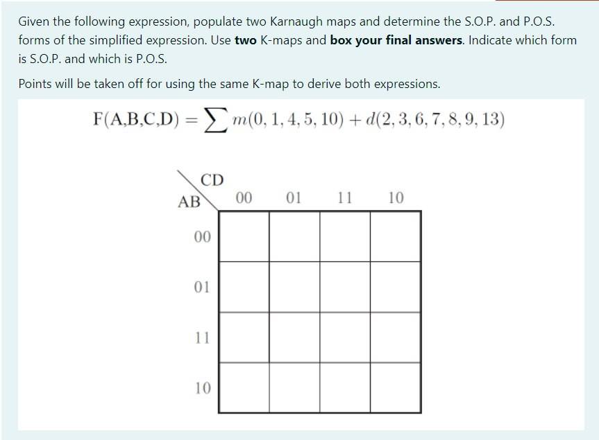 Solved Given the following expression, populate two Karnaugh | Chegg.com