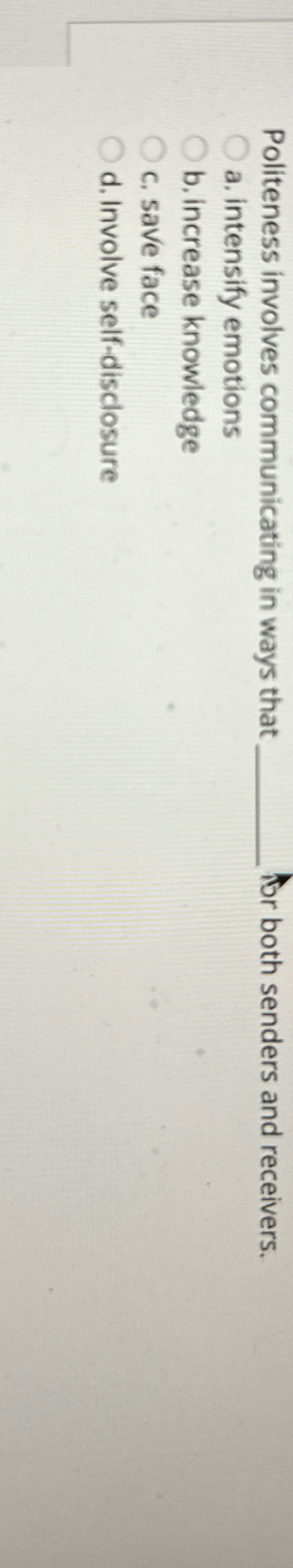 Solved Politeness involves communicating in ways that q, ﻿or | Chegg.com