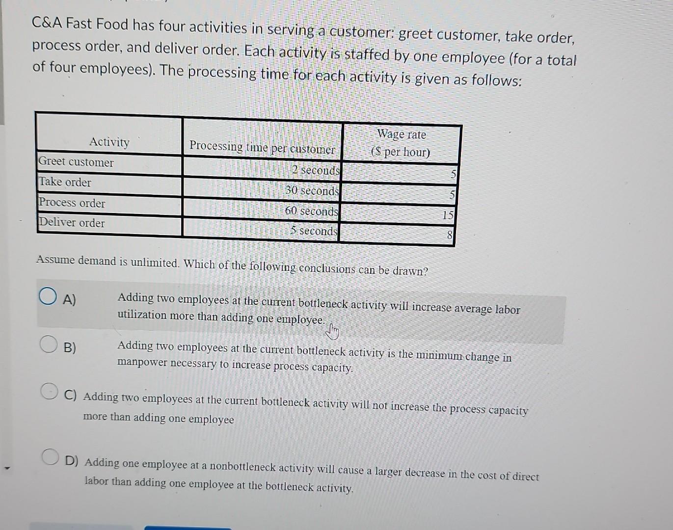 Solved C\&A Fast Food has four activities in serving a | Chegg.com