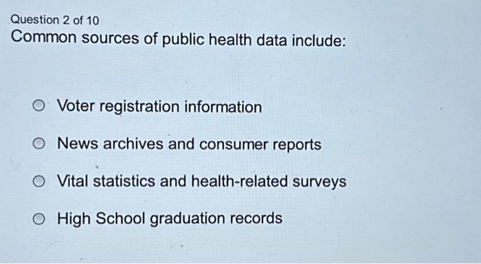 Solved Question 1 of 10 Public health data are used: To | Chegg.com
