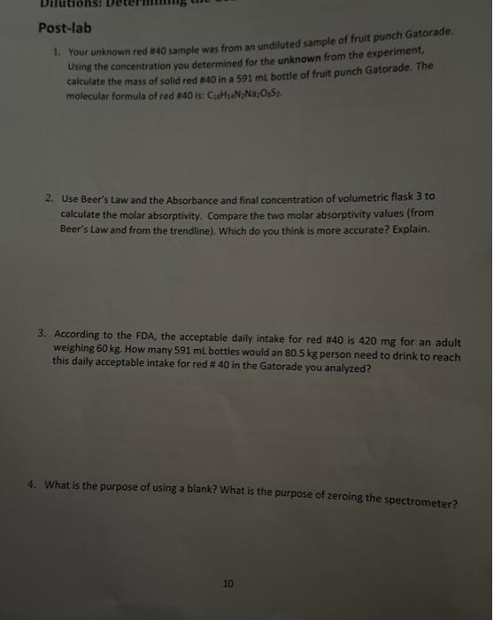 Solved ns: Post-lab 1. Your unknown red #40 sample was from | Chegg.com