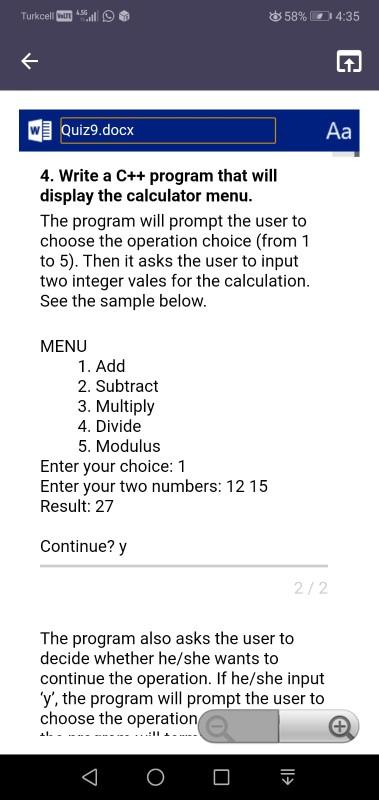 Solved Turkcell i 58% 4:35 Quiz9.docx Аа 4. Write a C++ | Chegg.com