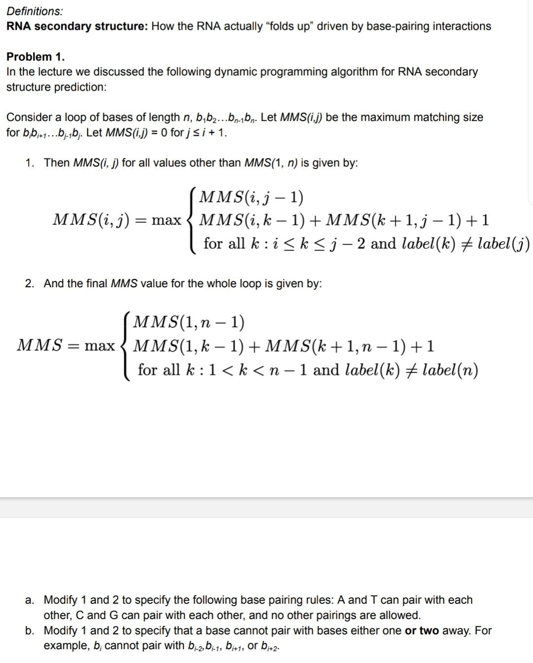 Solved Definitions: RNA secondary structure: How the RNA | Chegg.com