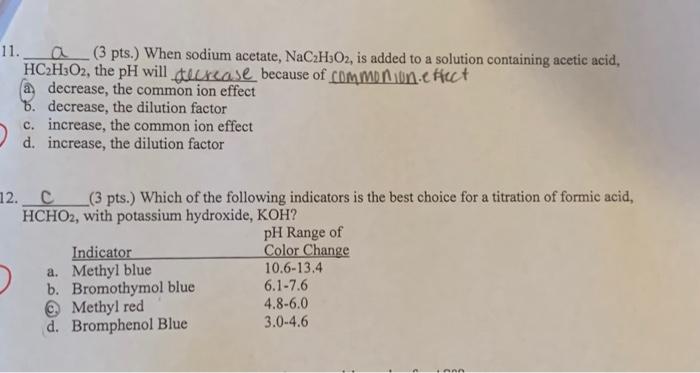 Solved 1. (3a pts.) When sodium acetate, NaC2H3O2, is added | Chegg.com