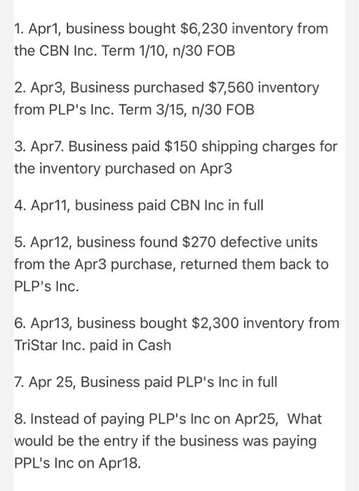 Solved 1. Apr1, business bought $6,230 inventory from the | Chegg.com