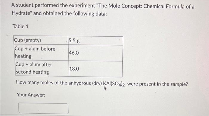 Solved A student performed the experiment "The Mole Concept: | Chegg.com