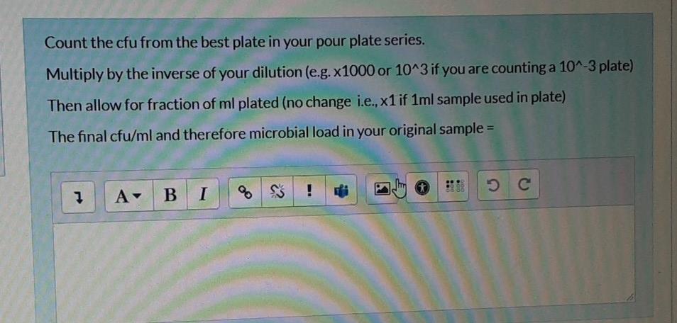 Solved Count the cfu from the best plate in your pour plate | Chegg.com