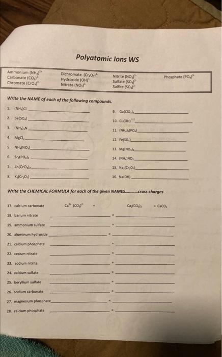 Solved Polyatomic lons WS Write the NAME of each of the | Chegg.com
