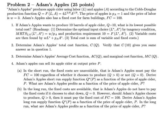 Problem 2 - Adam's Apples (25 points) "Adam's Apples" | Chegg.com