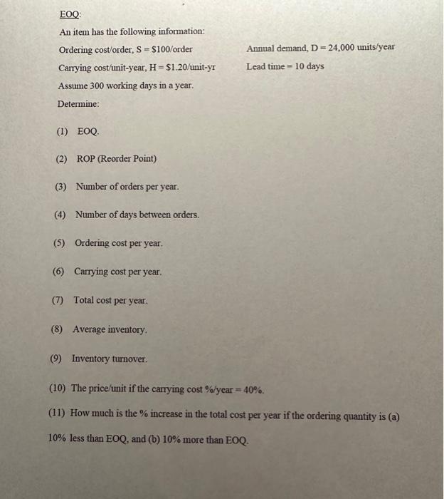 Solved EOQ: An item has the following information: Ordering | Chegg.com