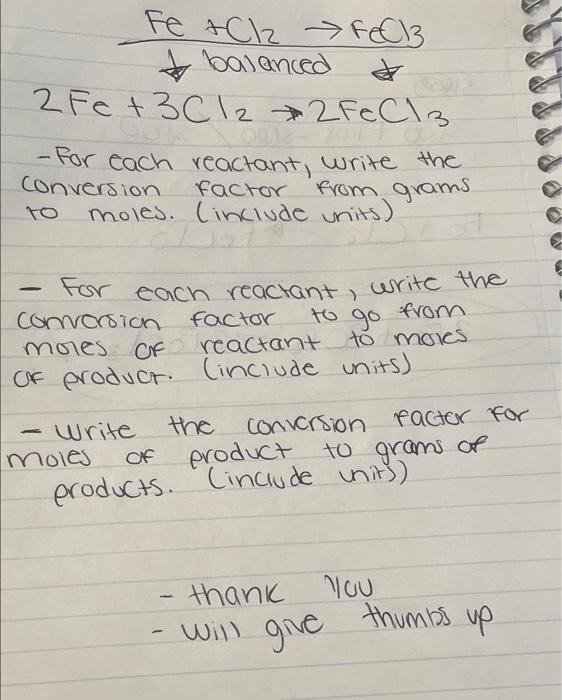 Solved Fe +Cl2 FeCl3 & balanced 2Fe + 3Cl2 + 2FeCl3 - For | Chegg.com