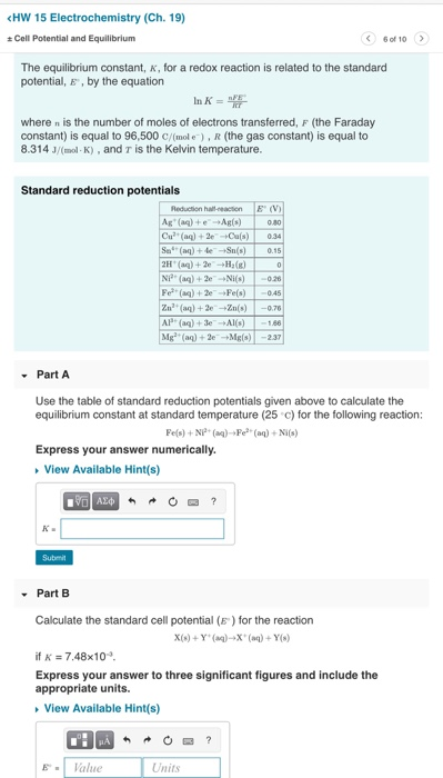 Solved The equilibrium constant, K, for a redox reaction is | Chegg.com