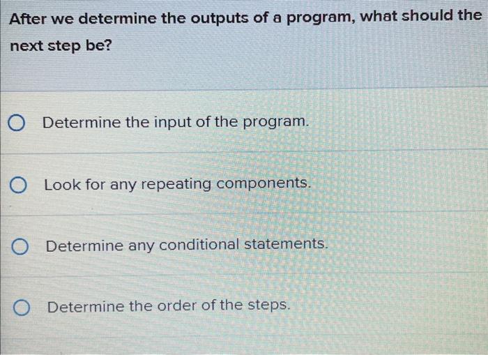Solved After we determine the outputs of a program, what | Chegg.com