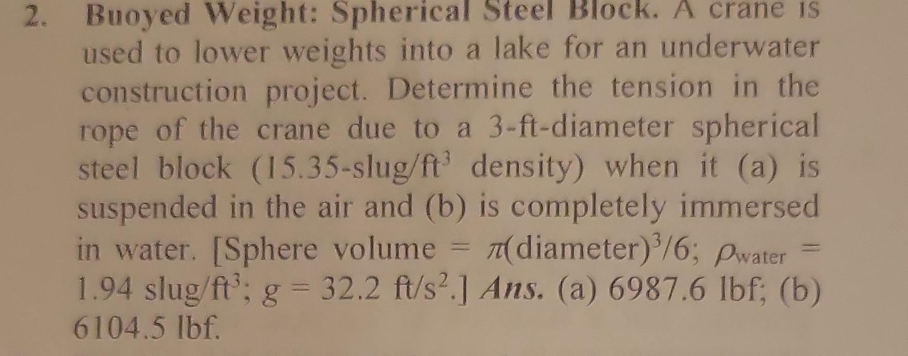 Solved 2. Buoyed Weight: Spherical Steel Block. A crane is | Chegg.com