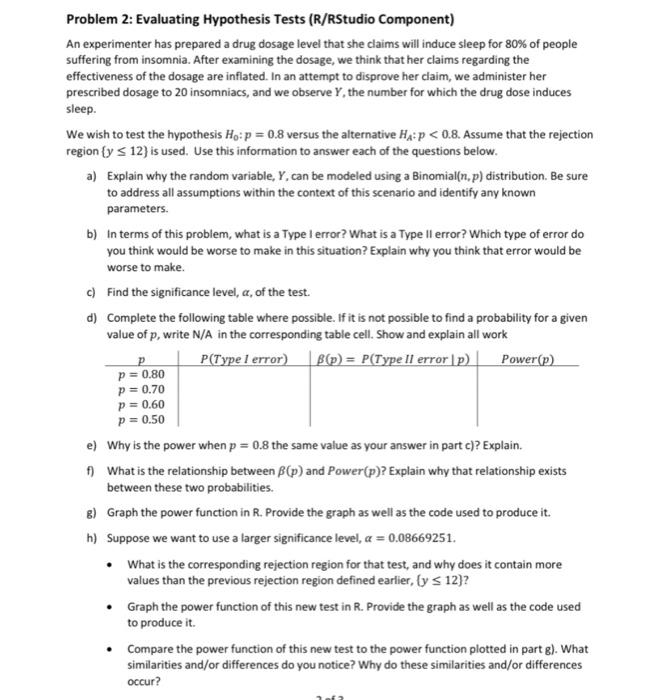 Solved Problem 2: Evaluating Hypothesis Tests (R/RStudio | Chegg.com