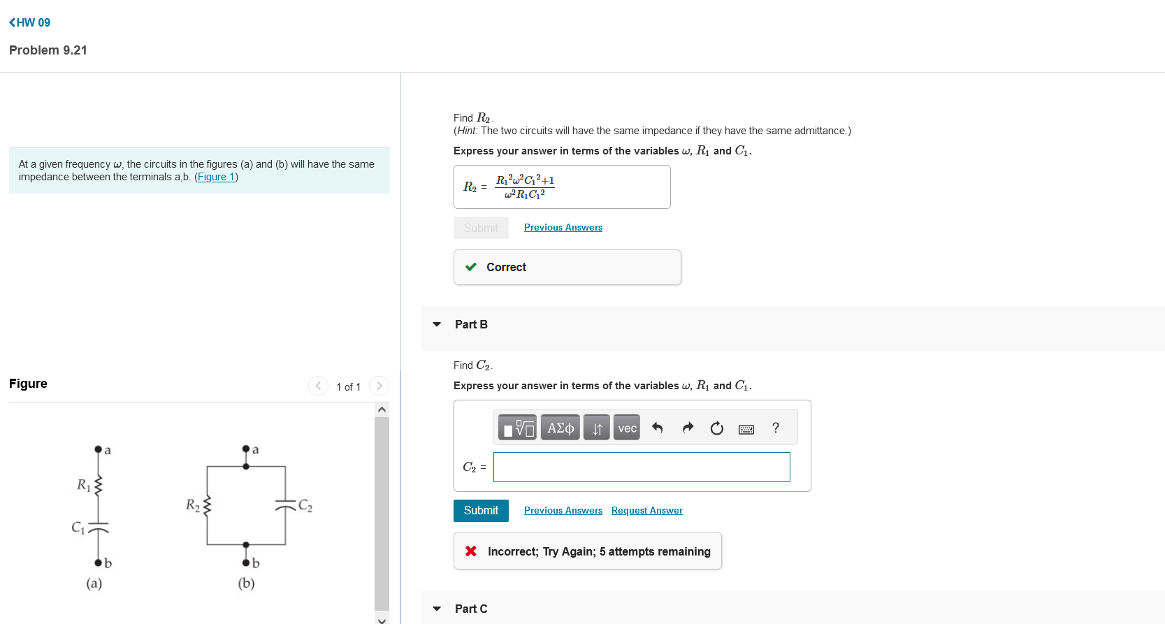 Solved I need help with Part B At a given frequency \omega , | Chegg.com