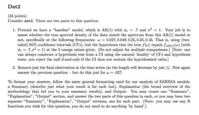 Dat2 (33 points) Consider dat2. There are two parts | Chegg.com
