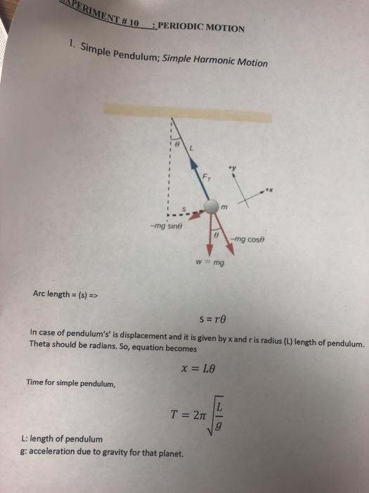 Solved 1. Simple Pendulum; Simple Harmonic Motion PERIMENT | Chegg.com