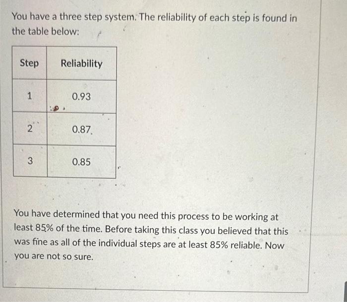 Solved You have a three step system. The reliability of each | Chegg.com