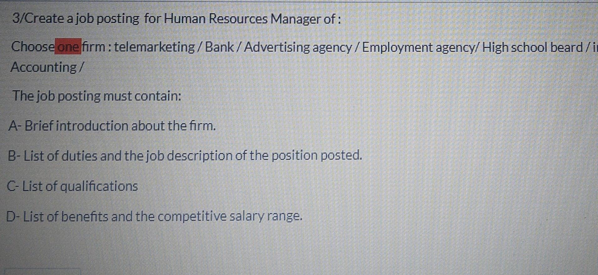 Solved 3/Create a job posting for Human Resources Manager | Chegg.com