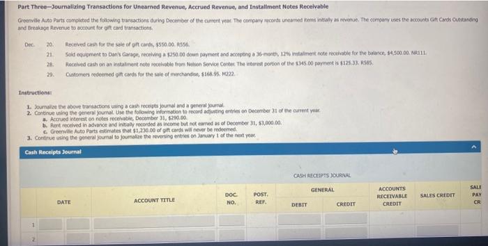 Part Three-Journalizing Transactions for Unearned | Chegg.com
