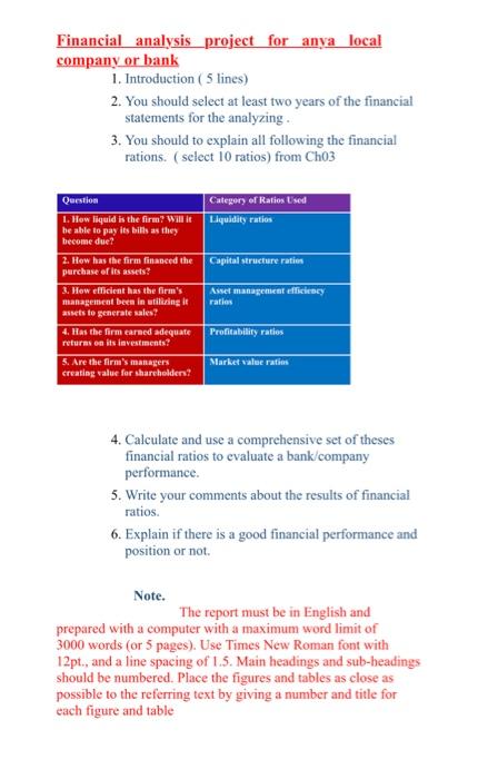 Financial analysis project for anya local company or | Chegg.com