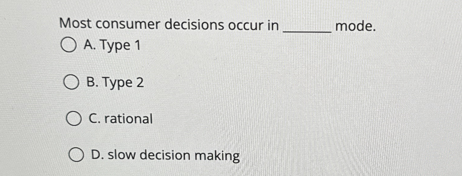 Solved Most consumer decisions occur inmode.A. ﻿Type 1B. | Chegg.com