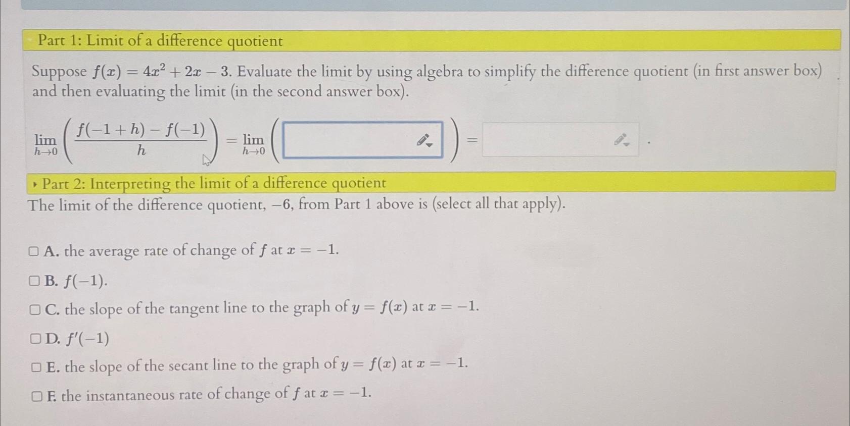 Solved Part 1: Limit of a difference quotientSuppose | Chegg.com