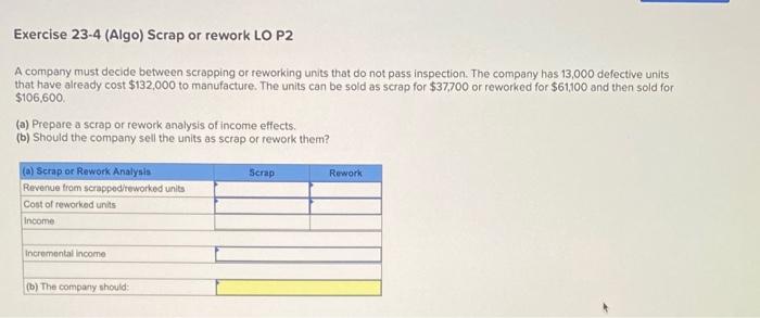 Solved Exercise 23-4 (Algo) Scrap or rework LO P2 A company | Chegg.com