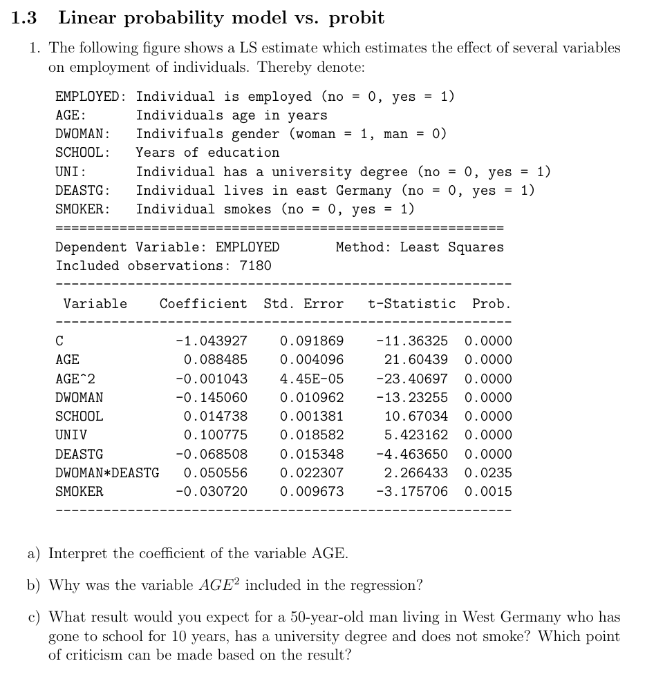 Solved 1.3 ﻿Linear probability model vs. ﻿probitThe | Chegg.com