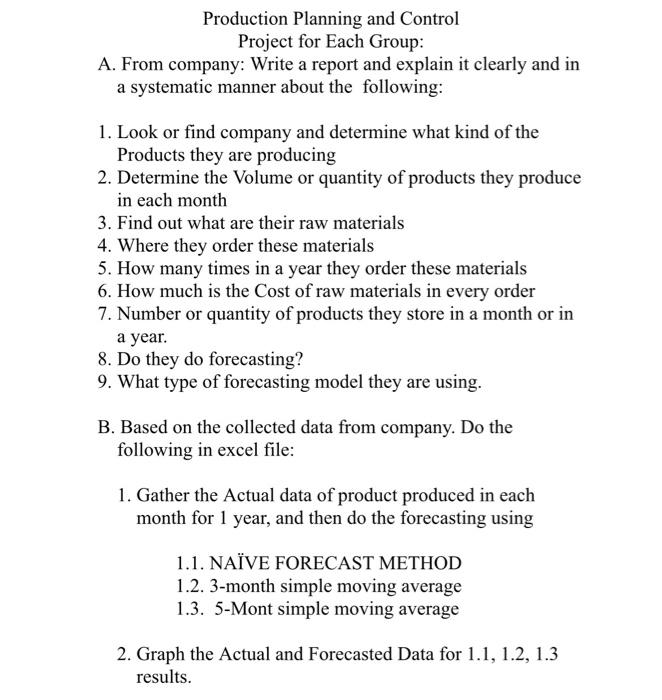 Solved Production Planning and Control Project for Each | Chegg.com