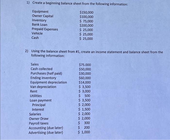 Solved 1) Create a beginning balance sheet from the | Chegg.com