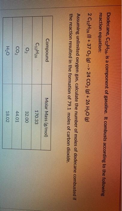 Solved Dodecane, C12H26, is a component of gasoline. It | Chegg.com