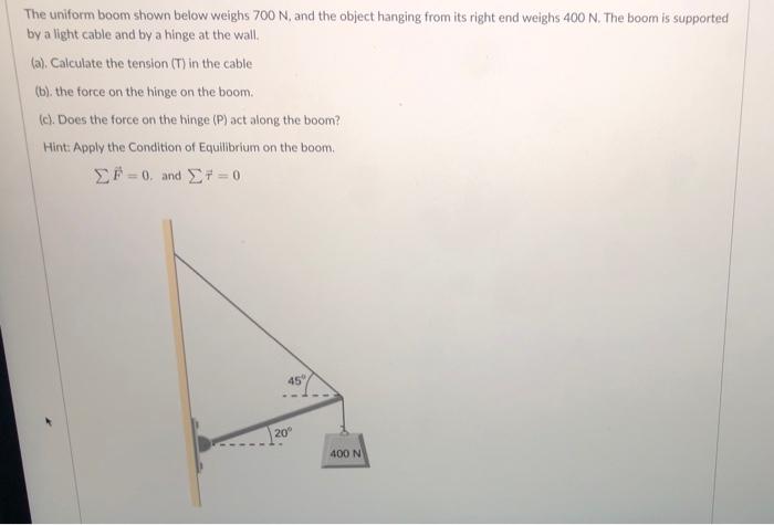 Solved The uniform boom shown below weighs 700 N, and the | Chegg.com