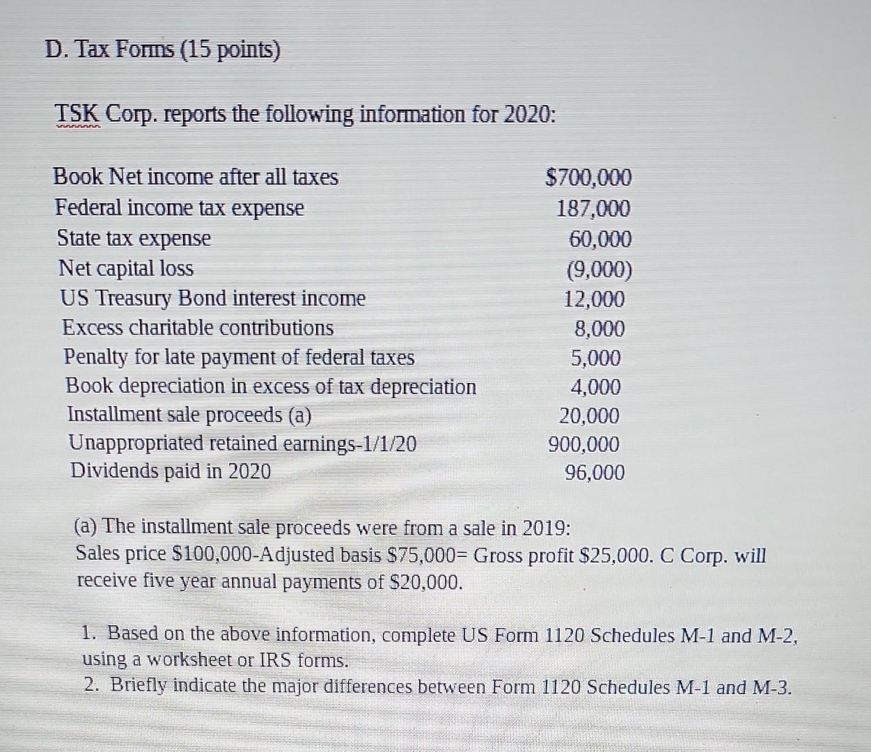 Solved TSK Corp. reports the following information for 2020: | Chegg.com