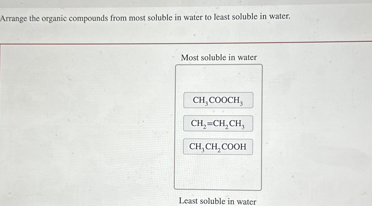 Solved Arrange the organic compounds from most soluble in | Chegg.com
