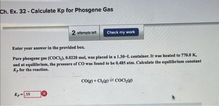Solved Ch. Ex. 32-Calculate Kp for Phosgene Gas Enter your | Chegg.com