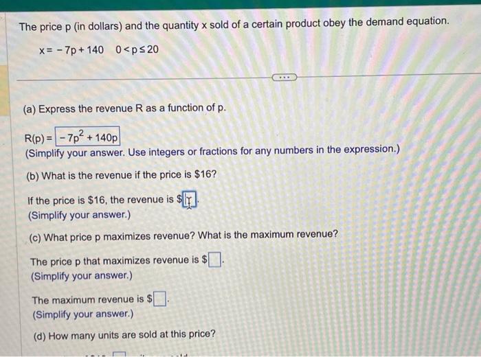 Solved The price p (in dollars) and the quantity x sold of a | Chegg.com