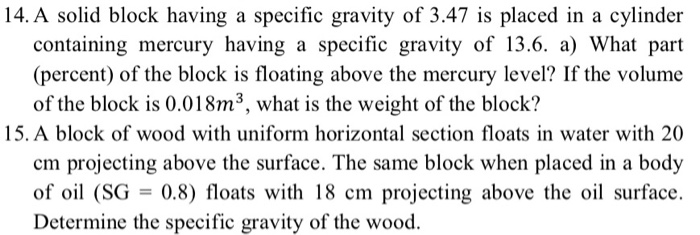 Solved 14. A solid block having a specific gravity of 3.47 | Chegg.com